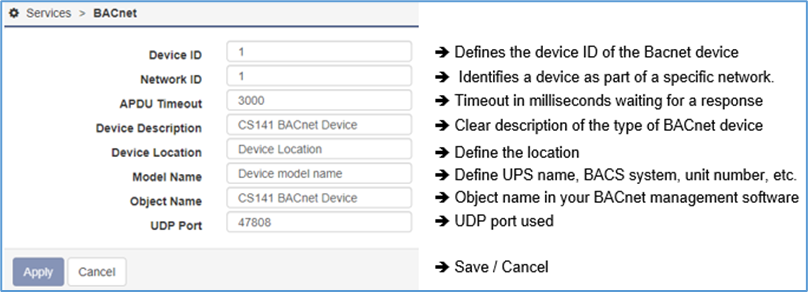 CS141 BACNET settings – Generex